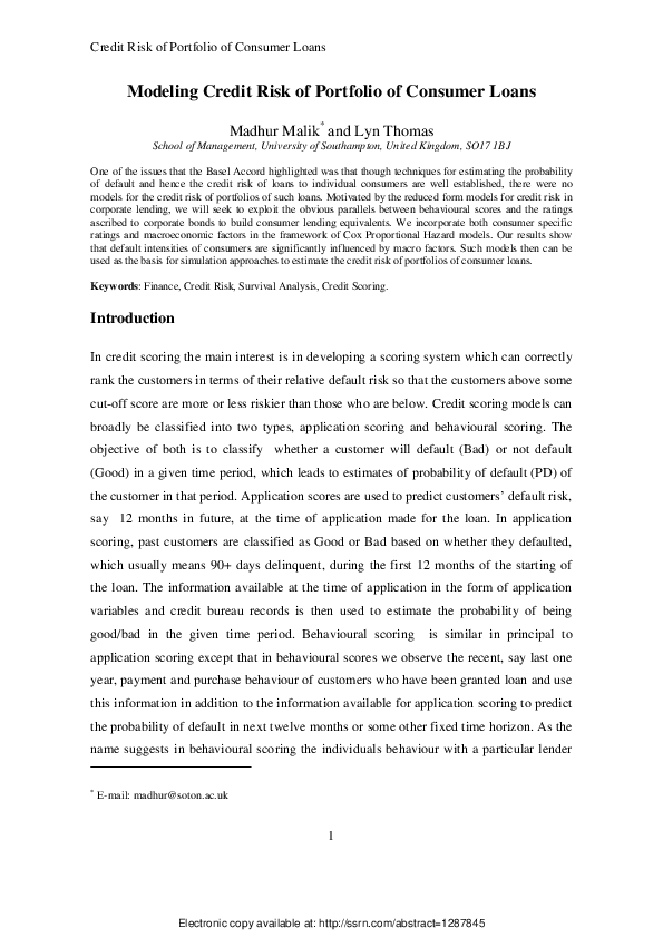 (PDF) Modeling Credit Risk of Portfolio of Consumer Loans