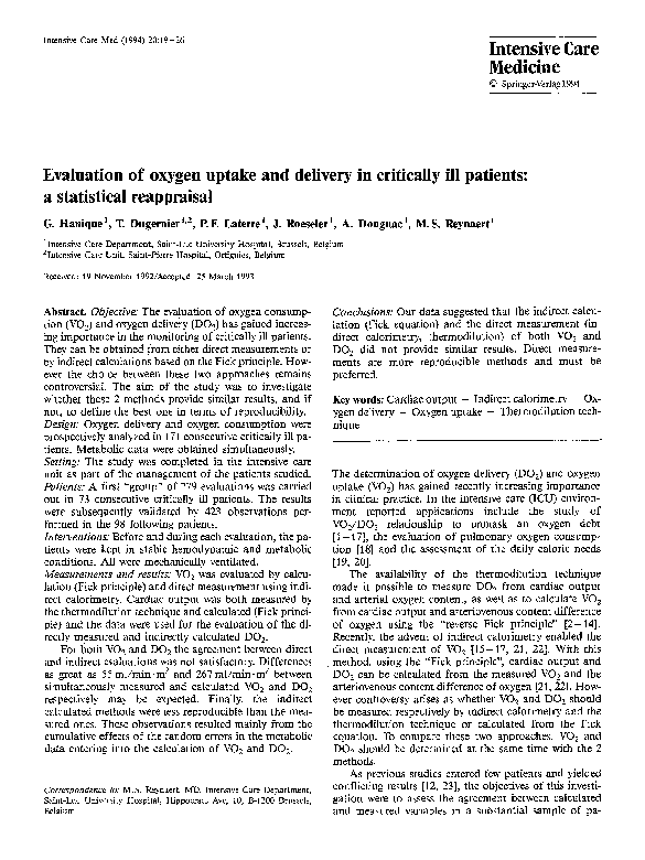 (PDF) Evaluation of oxygen uptake and delivery in critically ill ...