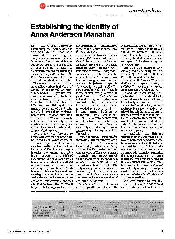 (PDF) Establishing the identity of Anna Anderson Manahan