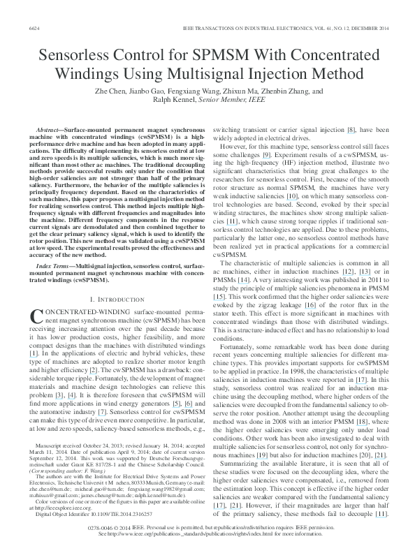 Pdf Sensorless Control For Spmsm With Concentrated Windings Using Multi Signal Injection Method