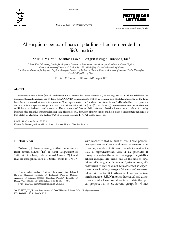 Pdf Absorption Spectra Of Nanocrystalline Silicon Embedded In Sio Sub 2 Matrix