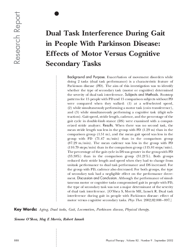 (PDF) Dual Task Interference During Gait in People With Parkinson Disease: Effects of Motor ...