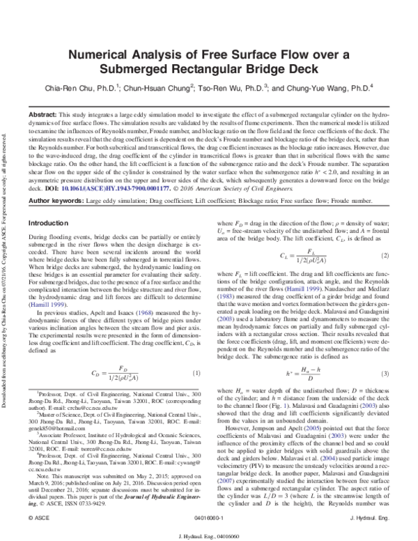 (PDF) Numerical Analysis of Free Surface Flow over a Submerged Rectangular Bridge Deck