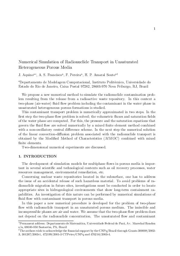 (PDF) Numerical simulation of radionuclide transport in unsaturated ...
