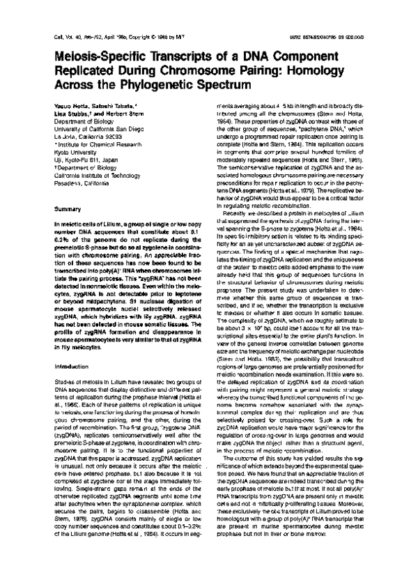 (PDF) Meiosis-specific transcripts of a DNA component replicated during ...