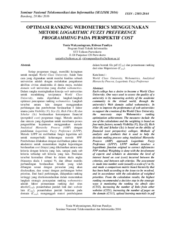 (PDF) SELISIK 2016, UNPAS, Optimasi Ranking Webometrics Menggunakan Metode LOGARITMIC FUZZY ...