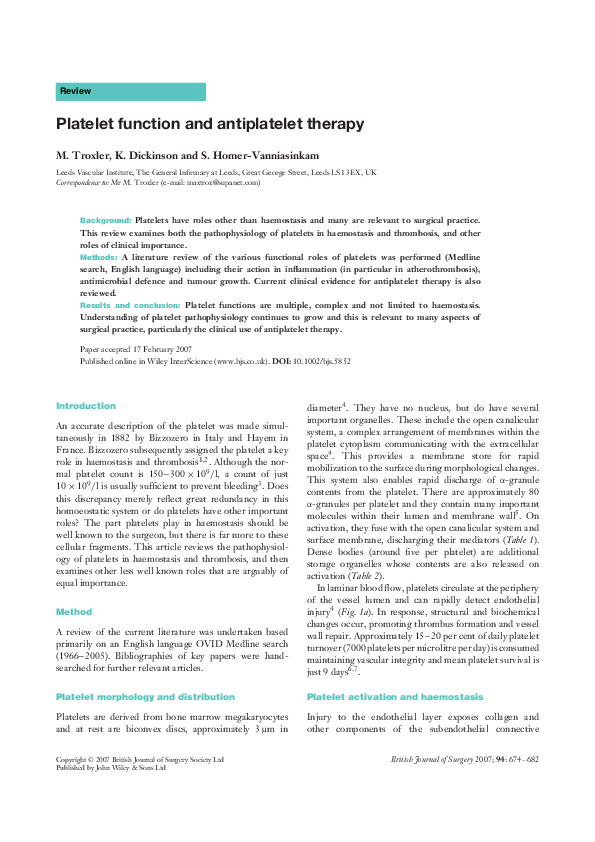 (PDF) Platelet function and antiplatelet therapy