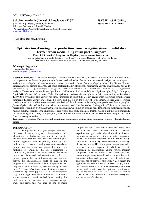 (PDF) Optimization of naringinase production from Aspergillus flavus in solid state fermentation ...