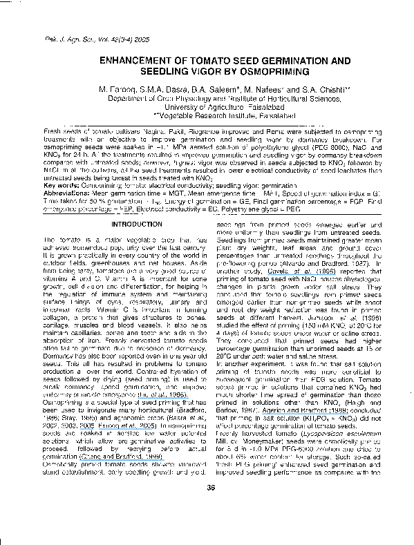 (PDF) Enhancement of tomato seed germination and seedling vigor by osmopriming