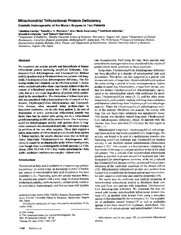 (PDF) Mitochondrial trifunctional protein deficiency. Catalytic ...
