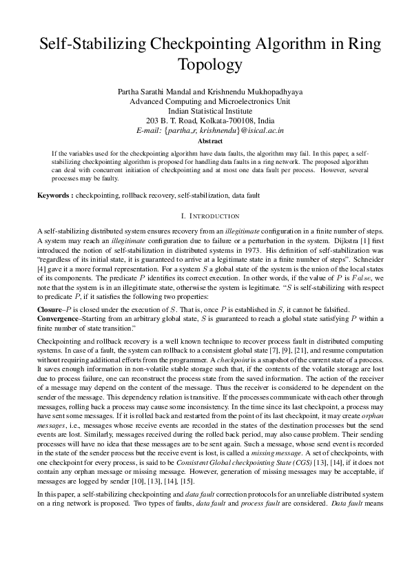 (PDF) Self-stabilizing Checkpointing Algorithm in Ring Topology