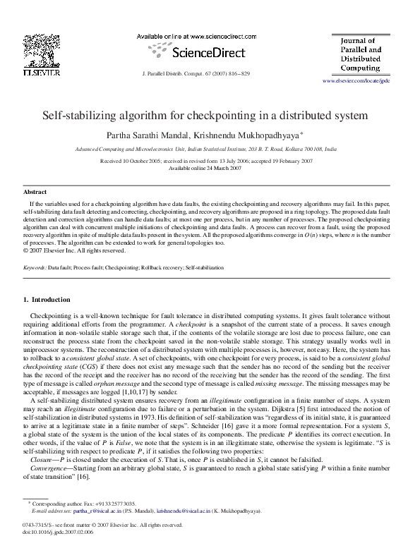 Self-stabilizing algorithm for checkpointing in a distributed system
