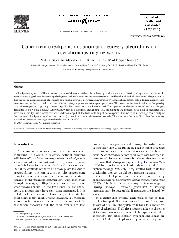 Pdf Concurrent Checkpoint Initiation And Recovery Algorithms On