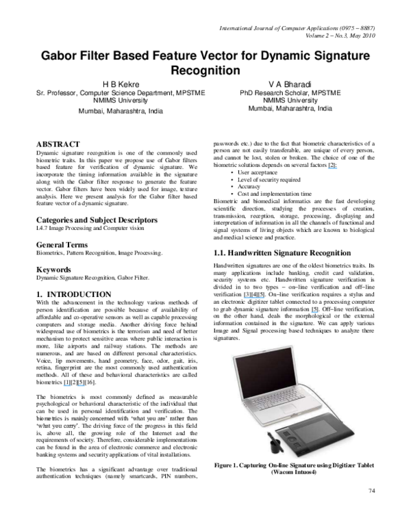 Gabor Filter Based Feature Vector For Dynamic Signature Recognition