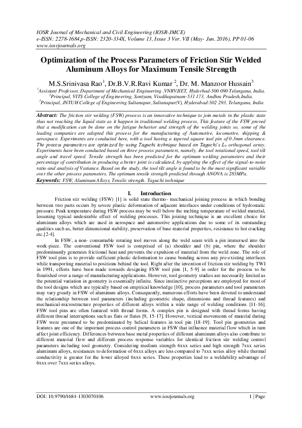 (PDF) Optimization of the Process Parameters of Friction Stir Welded Aluminum Alloys for Maximum ...