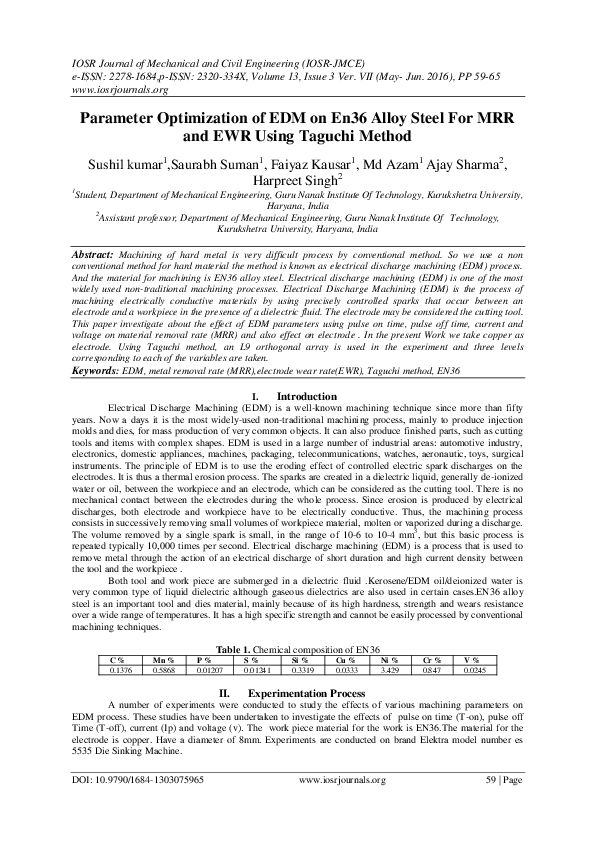 (PDF) Parameter Optimization of EDM on En36 Alloy Steel For MRR and EWR Using Taguchi Method