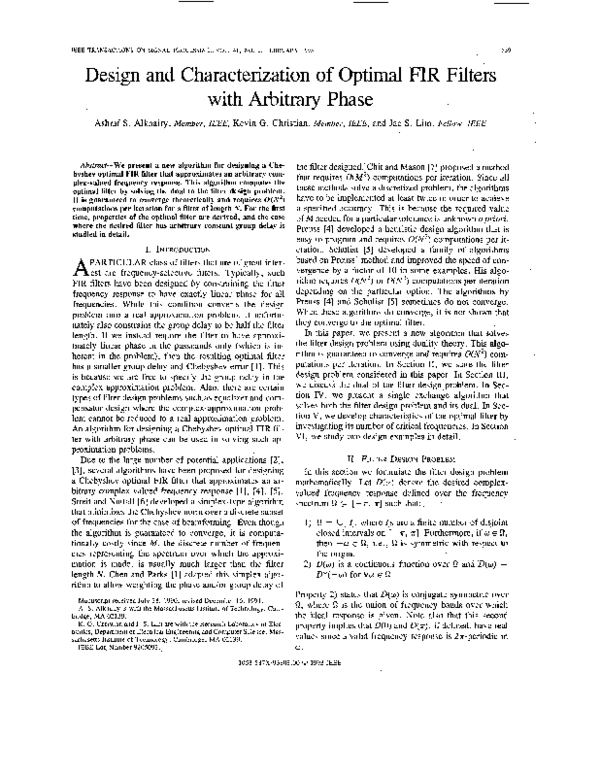 (PDF) Design and characterization of optimal FIR filters with arbitrary phase