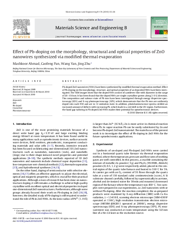 (PDF) Effect of Pb-doping on the morphology, structural and optical properties of ZnO nanowires ...