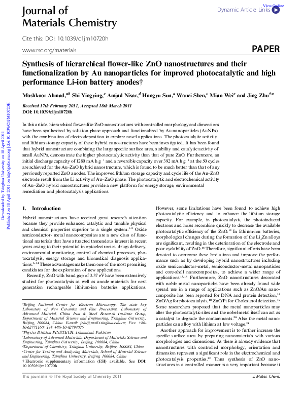 (PDF) Synthesis of hierarchical flower-like ZnO nanostructures and their functionalization by Au ...