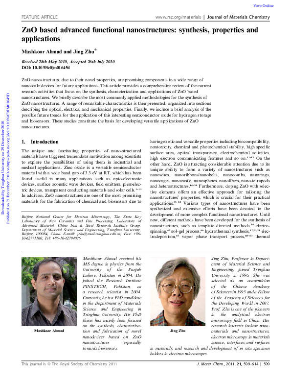 (PDF) Synthesis and Applications of ZnO Nanostructures