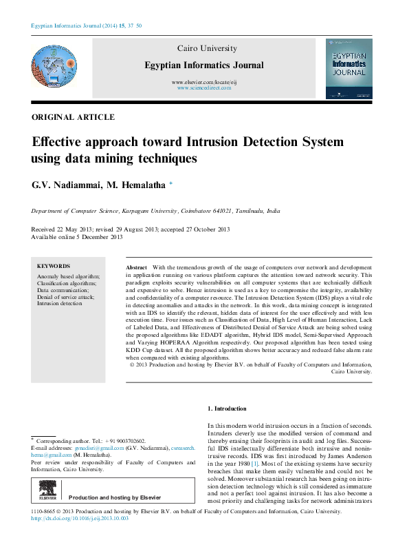 Pdf Effective Approach Toward Intrusion Detection System Using Data Mining Techniques Snehal