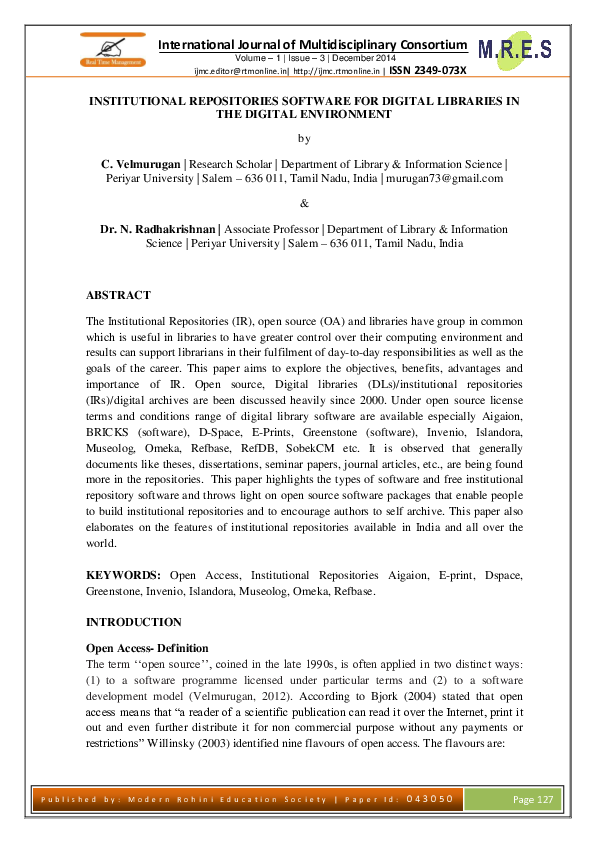 Pdf Institutional Repositories Software For Digital Libraries In The Digital Environment