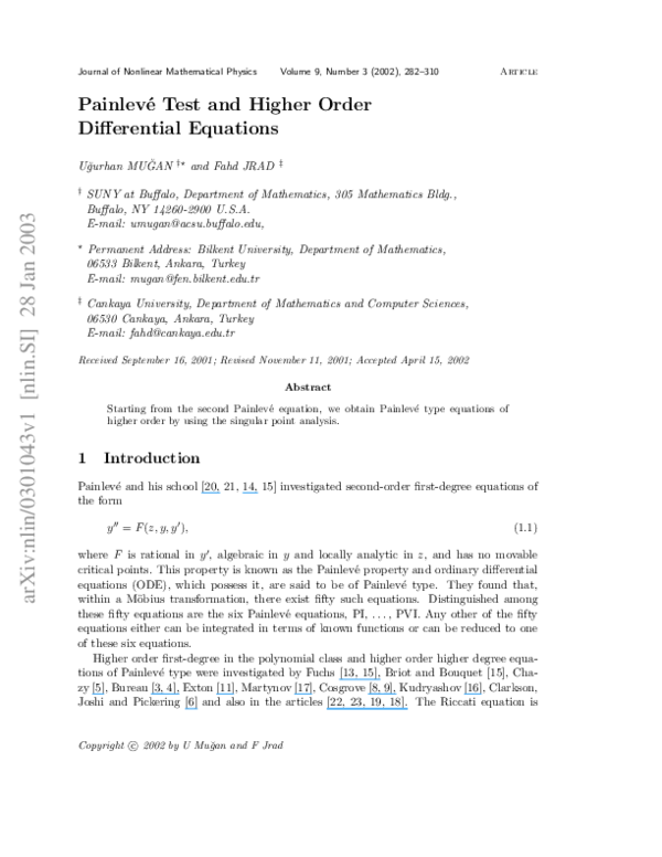 (PDF) Painleve test and higher order differential equations