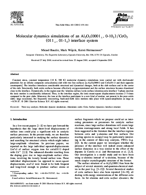 (PDF) Molecular dynamics simulations of an Al2O3(0001⊥, 0-10∥)/CeO2 ...