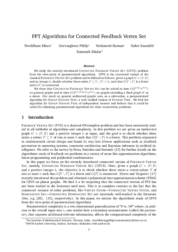 (PDF) FPT algorithms for Connected Feedback Vertex Set