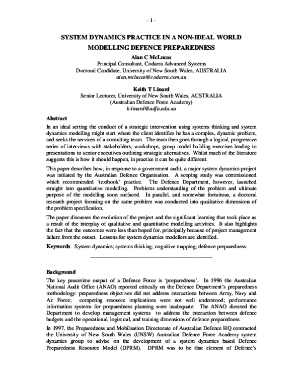 (PDF) System dynamics practice in a non-ideal world: modelling defence ...