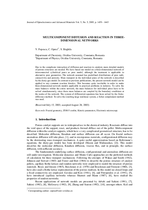 (PDF) Multicomponent Diffusion and Reaction in Three Dimensional Networks