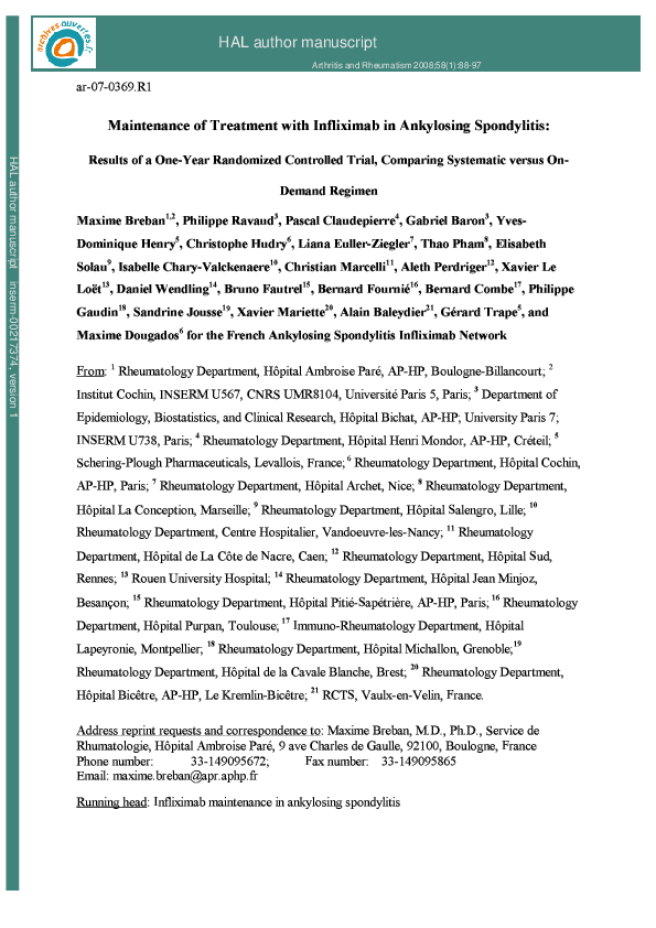 (PDF) Maintenance of infliximab treatment in ankylosing spondylitis: Results of a one-year ...