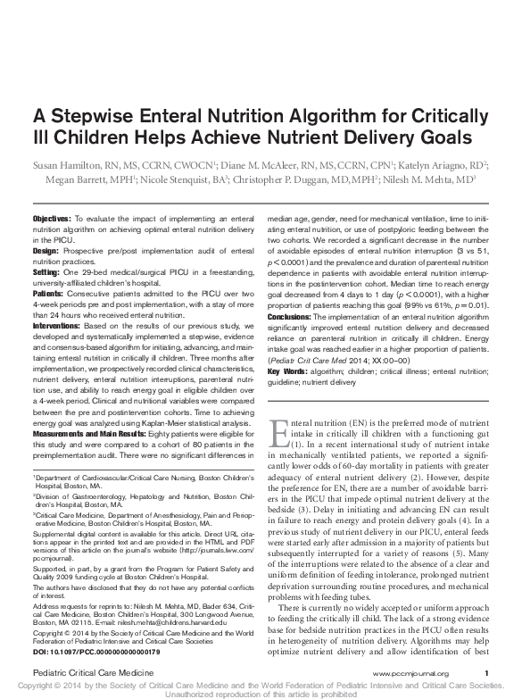(PDF) A Stepwise Enteral Nutrition Algorithm for Critically Ill ...