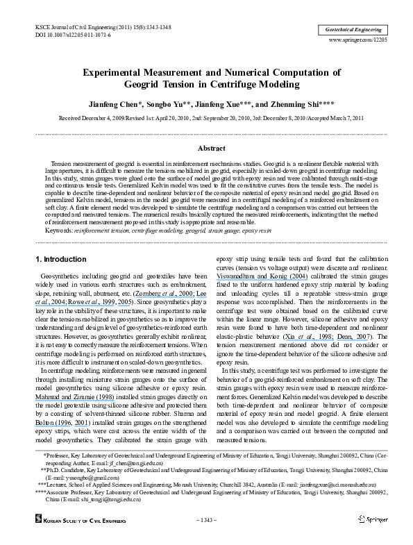 Pdf Experimental Measurement And Numerical Computation Of Geogrid Tension In Centrifuge Modeling