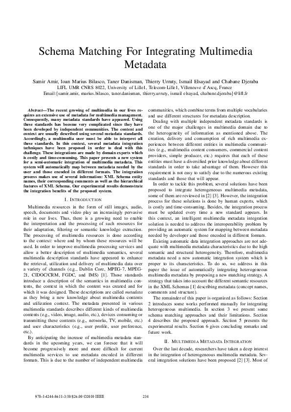 (PDF) Schema matching for integrating multimedia metadata | Taner DANISMAN - Academia.edu