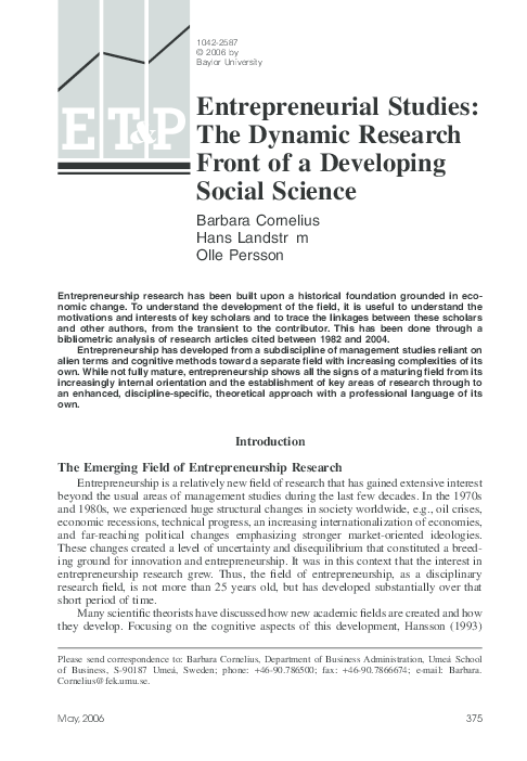 (PDF) Entrepreneurial Studies: The Dynamic Research Front of a ...