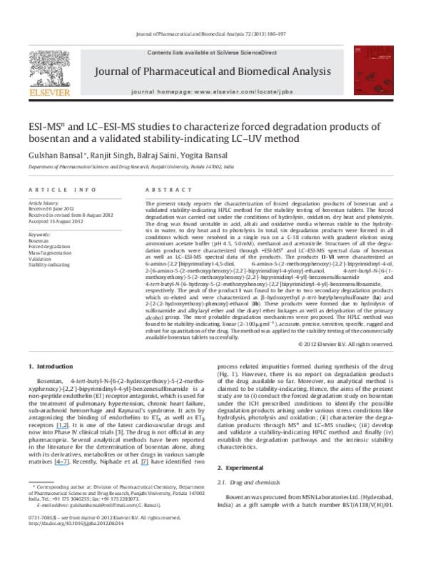 (PDF) ESI-MSn and LC–ESI-MS studies to characterize forced degradation products of bosentan and ...