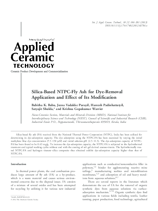 (PDF) Silica-Based NTPC-Fly Ash for Dye-Removal Application and Effect ...