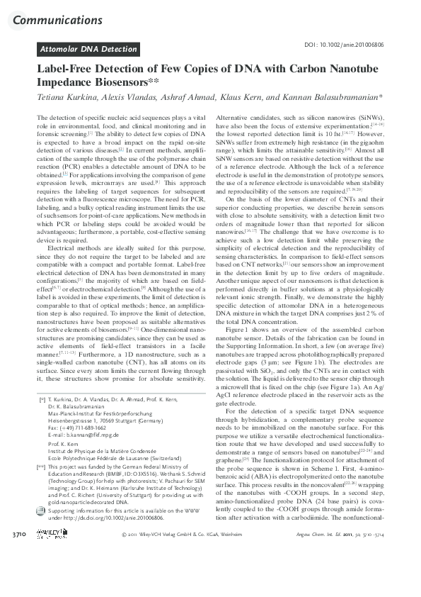 (PDF) Label-Free Detection of Few Copies of DNA with Carbon Nanotube Impedance Biosensors