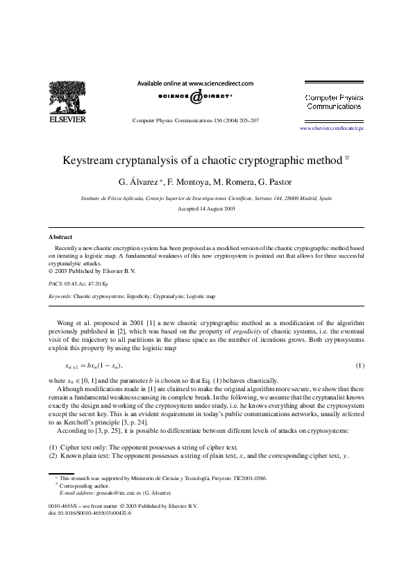 (PDF) Keystream cryptanalysis of a chaotic cryptographic method