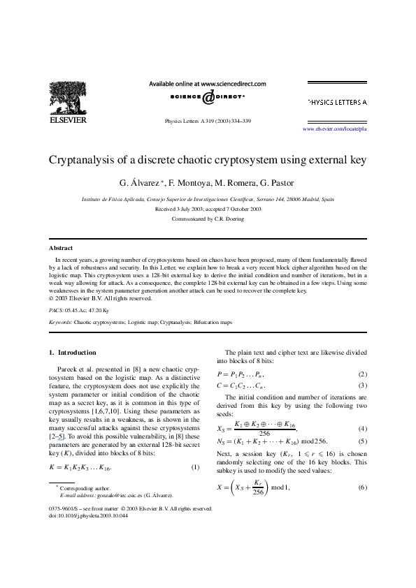 (PDF) Cryptanalysis of a discrete chaotic cryptosystem using external key