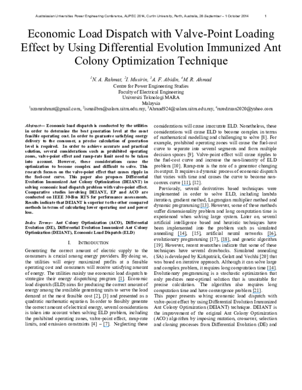 Pdf Economic Load Dispatch With Valve Point Loading Effect By Using Differential Evolution
