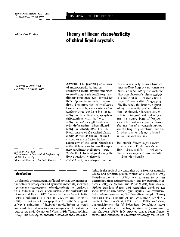 Pdf Theory Of Linear Viscoelasticity Of Chiral Liquid Crystals