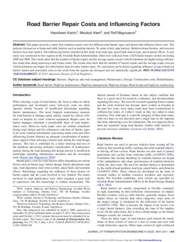 (PDF) Road Barrier Repair Costs and Influencing Factors