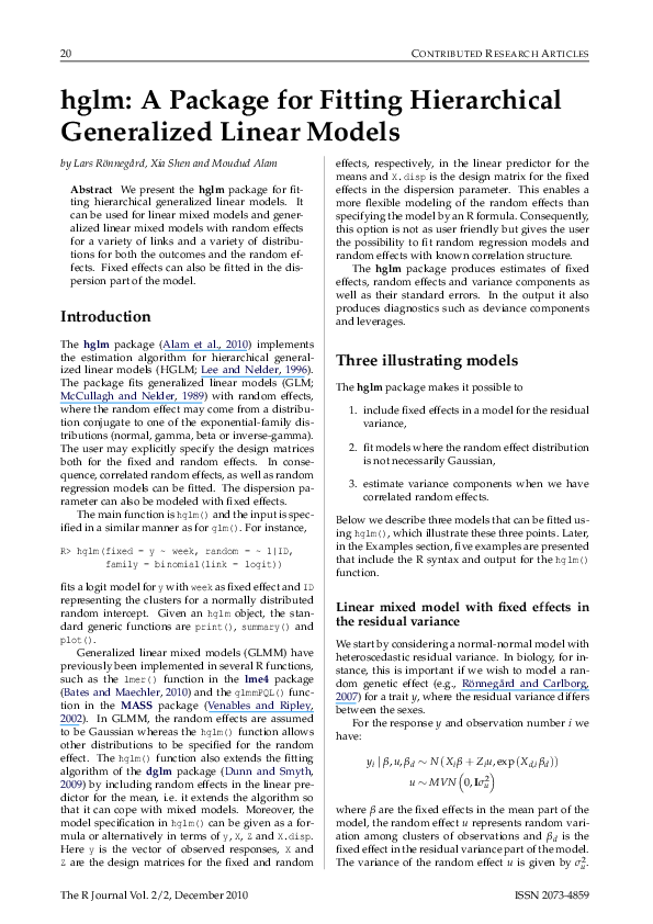 (PDF) HGLM: A Package for Fitting Hierarchical Generalized Linear Models