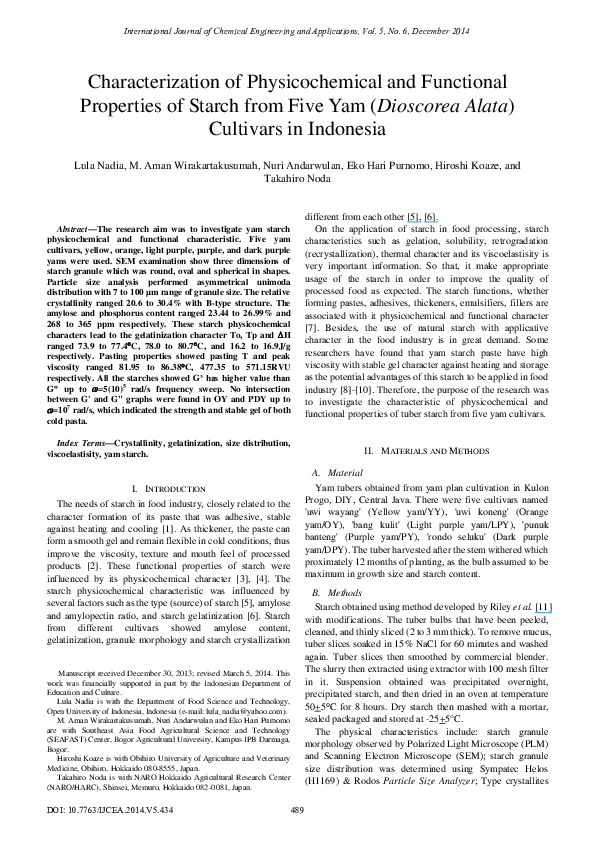 (PDF) Characterization of Physicochemical and Functional Properties of Starch from Five Yam ...