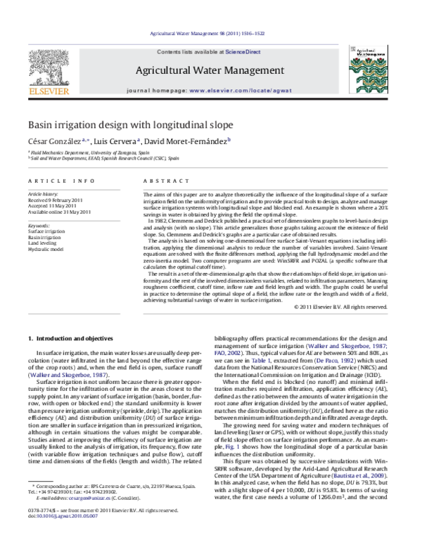 (PDF) Basin irrigation design with longitudinal slope