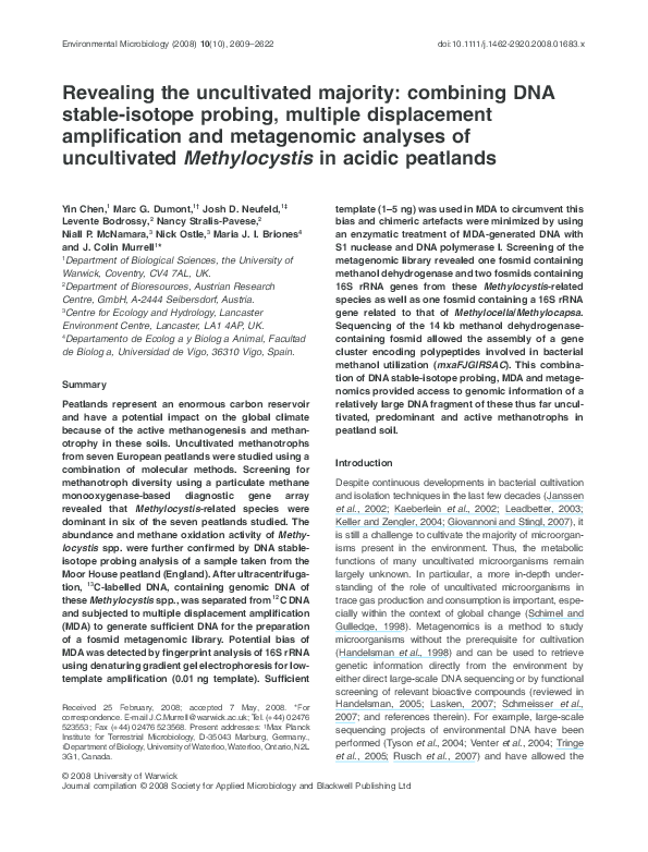 (PDF) Revealing the uncultivated majority: combining DNA stable-isotope ...