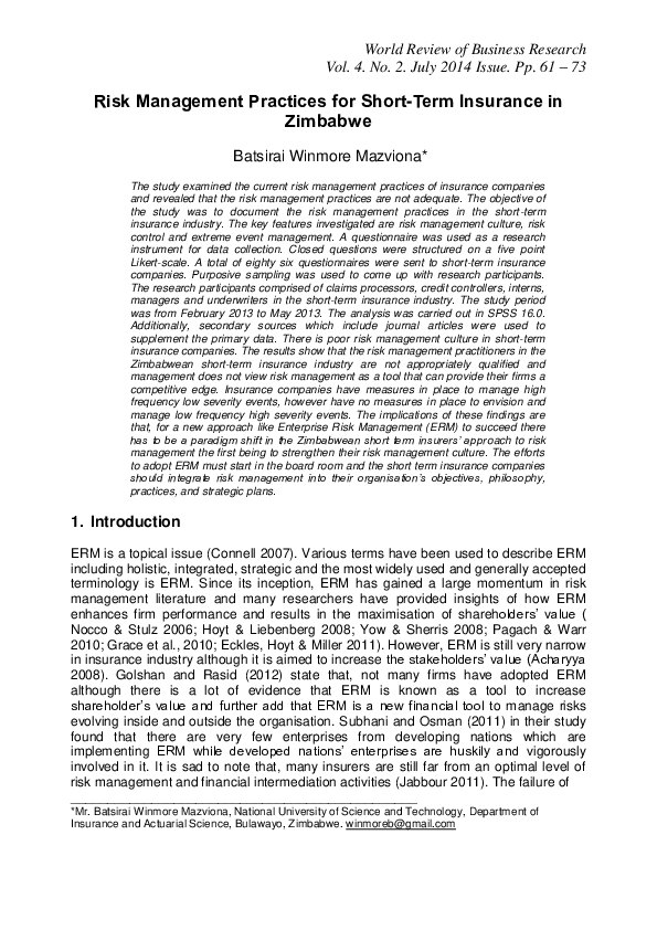 (PDF) Risk Management Practices for Short-Term Insurance in Zimbabwe