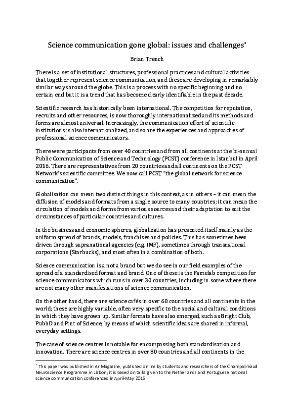 (PDF) Science communication gone global: issues and challenges